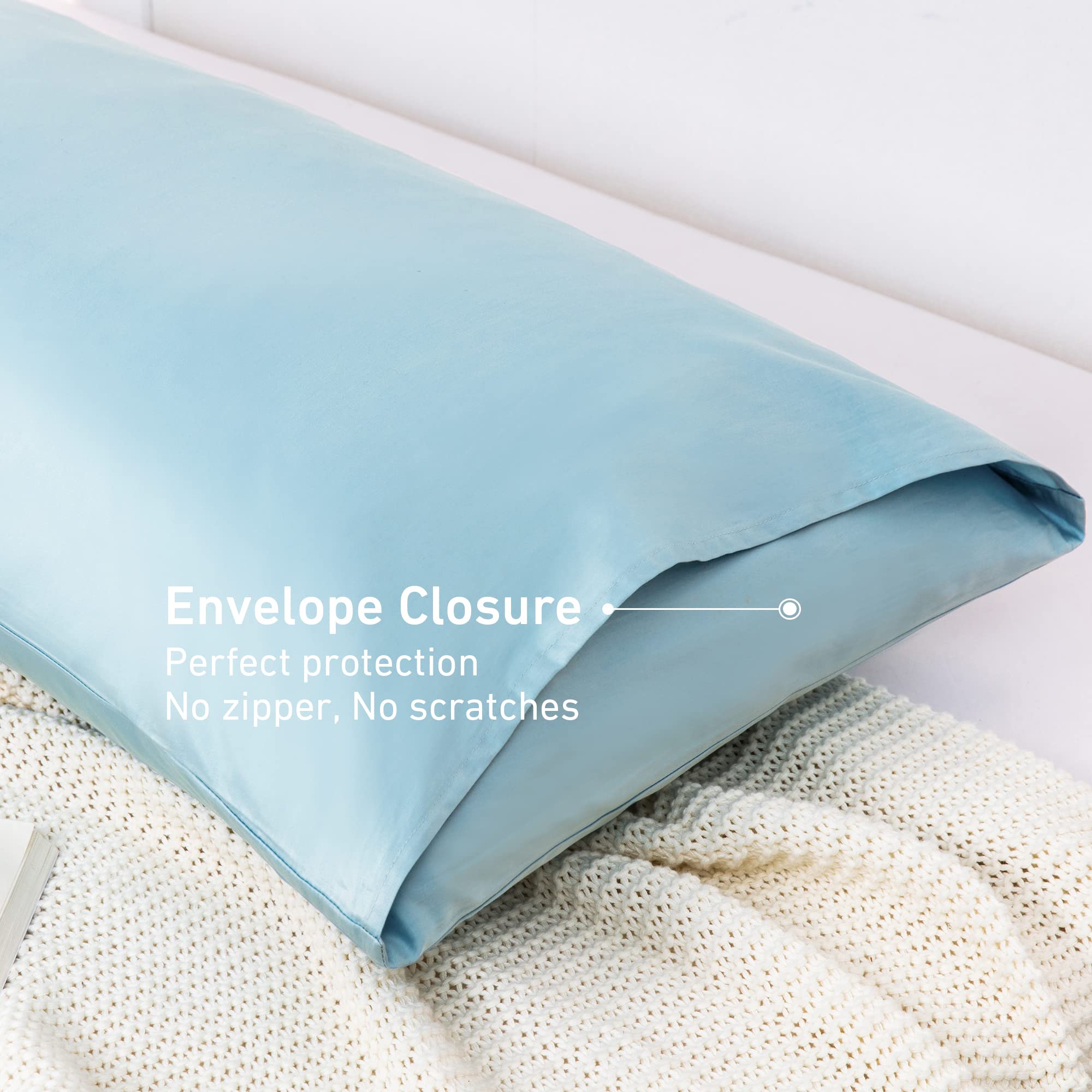 Leeden Body Pillow Cover, 100% Cotton, 800 Thread Count, Soft Breathable Long Pillow Case, Envelope Closure (Light Blue, 21"x 54")