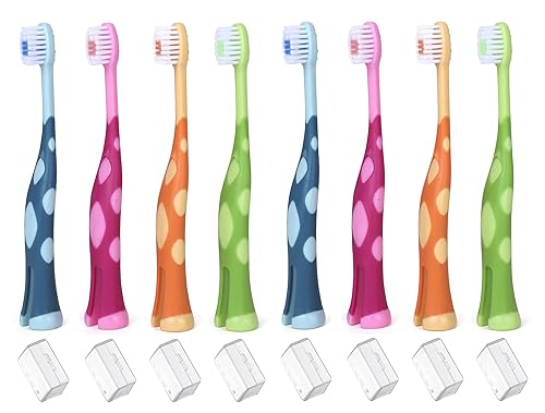 55Dental Kids Toothbrush Set of Soft Giraffe Toothbrush for Kids 3-9. Easy-Grip, Bristle Cover, Self-Standing & Splited Bottom for Cup Rim. by Lix, 4 Colors