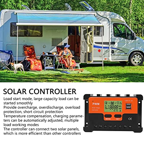12V/24V PWM Solar Controller - Automatic Identification, LCD Display, 10A Solar Charge Controller with 2 USB 5V Output - 28AWG to 10AWG