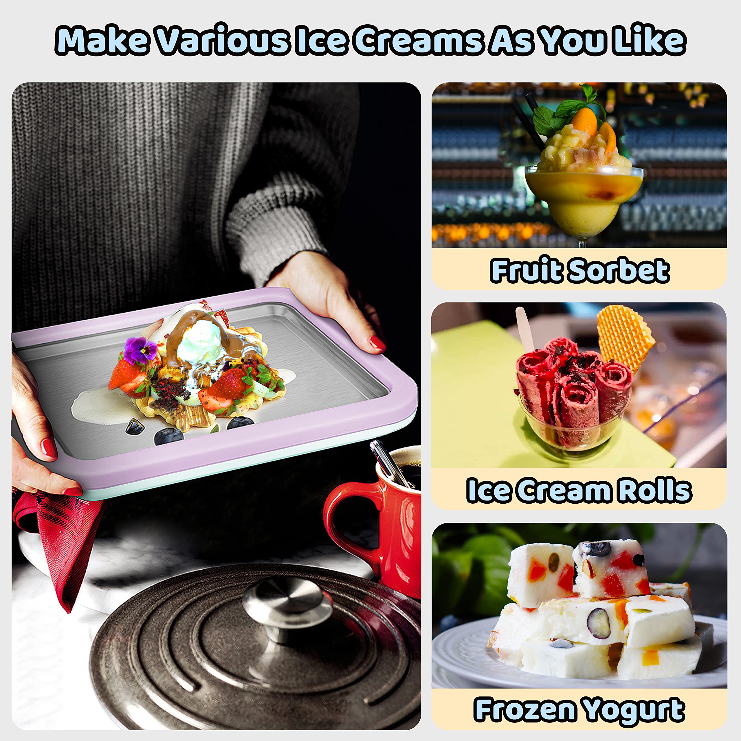 JoyMech Ice Cream Roll Maker Rolled Ice Cream Machine, Sweet Spot Pan, Instant Cold Plate, Ideal for Making Rolled Ice Cream Soft Serve Slushies Frozen Yogurt Sorbet and Gelato (Lavender)