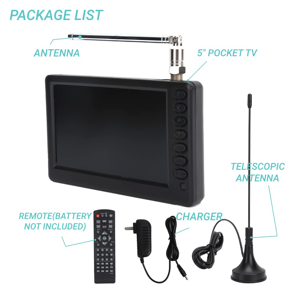 Acogedor 5 Inch Portable TV, 1080P ATSC Pocket Digital Car TV, with 1500mAh Rechargeable Battery, Support USB, TF Card, Mini Digital Television for Camping, Kitchen