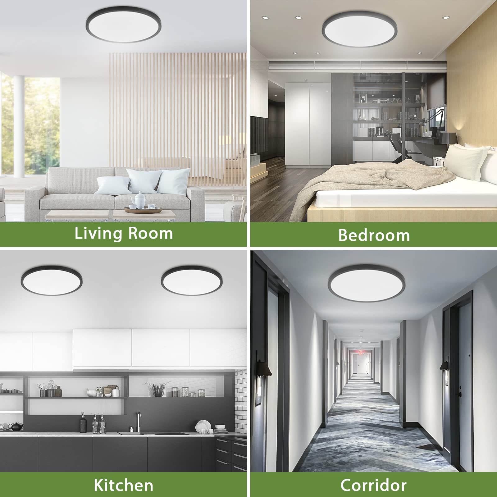 2 Pack Flush Mount LED Ceiling Light, Super Slim 12 Inch Flush Mount Light Fixture Black, 24W, 2400LM, 3000K/4000K/6000K Adjustable Round Flat Ceiling Light for Kitchen, Bedroom, Hallway, Porch