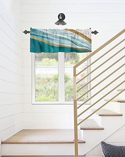 Abstract Curtain Valance for Window,Kitchen Rod Pocket Short Curtains Panel Turquoise White Gold Marble Texture Windows Treatment Drapes for Bathroom Living Room Decor 42x12In Stone Fluid Art