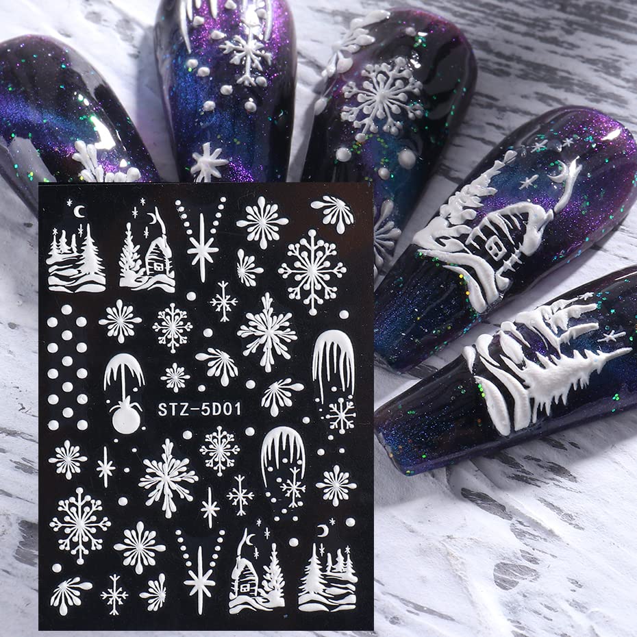 3D Embossed Christmas Nail Art Stickers Decals 4 Sheets 5D Self-Adhesive Pegatinas Uñas Holiday Snowman Snowflakes Nail Supplies Nail Art Design Decoration Accessories