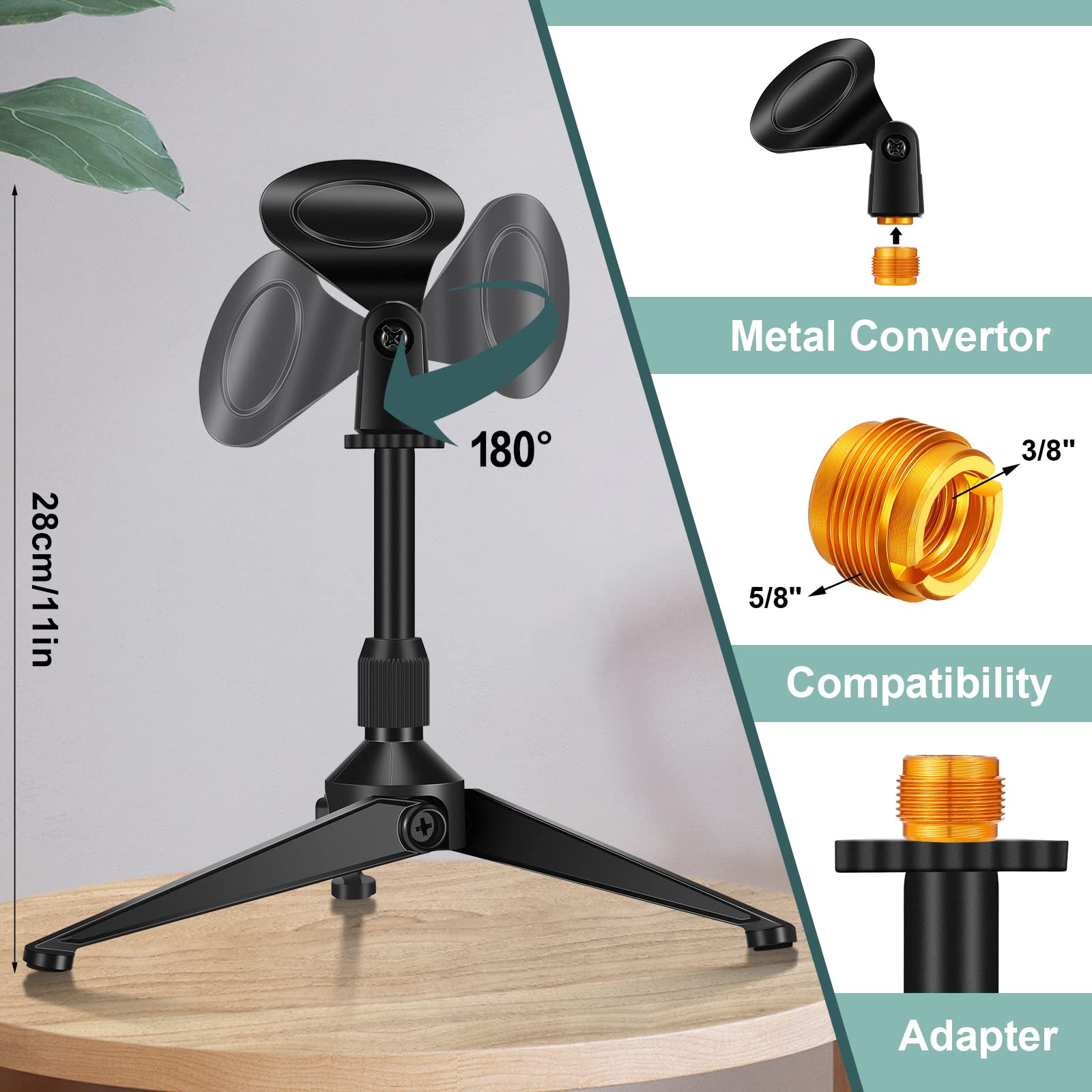 12 Pack Desktop Mic Stand Desktop Microphone Stand with Mic Clip Adjustable Table Mic Holder Portable Foldable Microphone Tripod and 5/8 Inch Male to 3/8 Inch Female Screw for Most Microphones