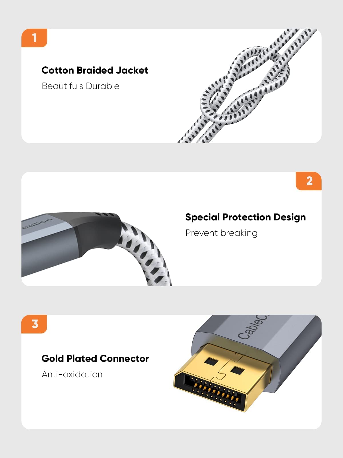 CableCreation 8K DisplayPort Cable 10 FT/3M, DP to DP Cable 1.4,Support 8K@60Hz, 4K@144Hz, 2K@165Hz Video Resolution & HDR,Gray