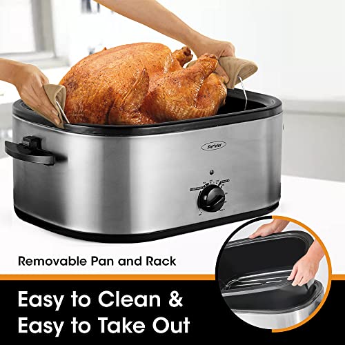 30lb 26-Quart Roaster Oven, Electric Roaster Oven with Viewing Lid, Sunvivi Turkey Roaster with Unique Defrost/Warm Function, Large Roaster with Removable Pan & Rack, Stainless Steel, Silver
