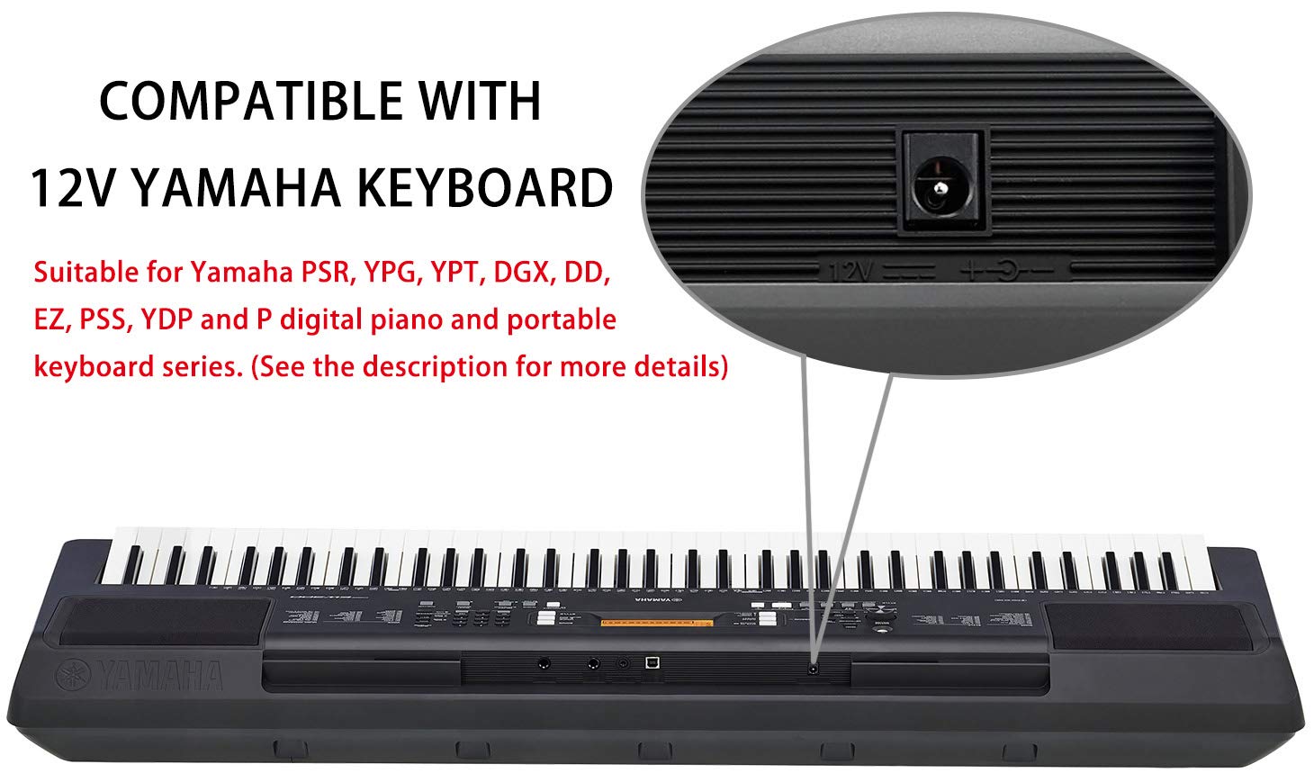 12V AC DC Power Adapter for Yamaha PSR YPG YPT DGX DD EZ P Digital Piano Portable Keyboard Series (Replacement PA130 PA150, PSR-E403, Below YPT-400, Below EZ-200 EZ-AG)