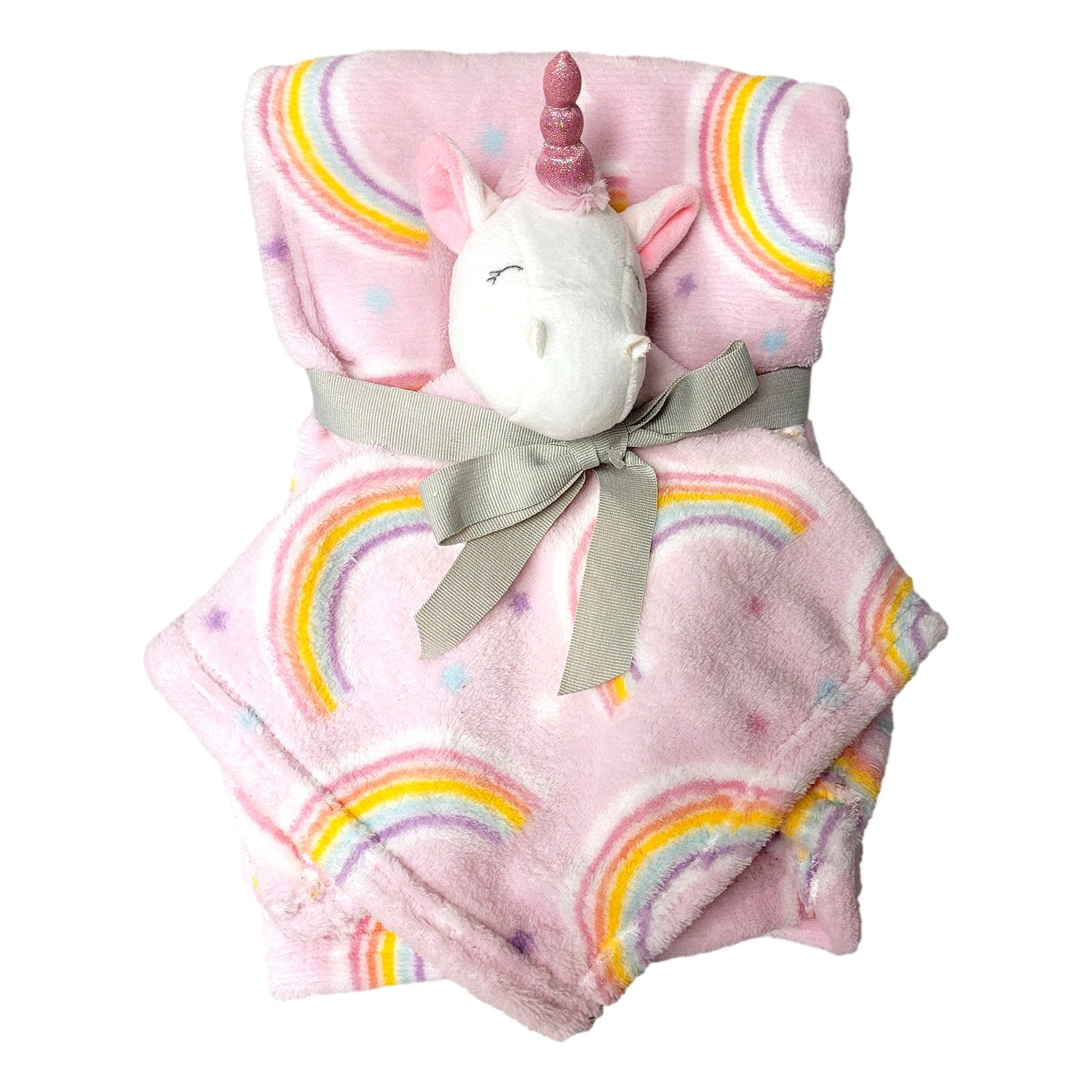 SONA G DESIGNS Plush Animal Security Lovey with Blanket Gift Set for Newborn Infant - Custom Personalized Available (Rainbow Unicorn Set with Embroidered Name)
