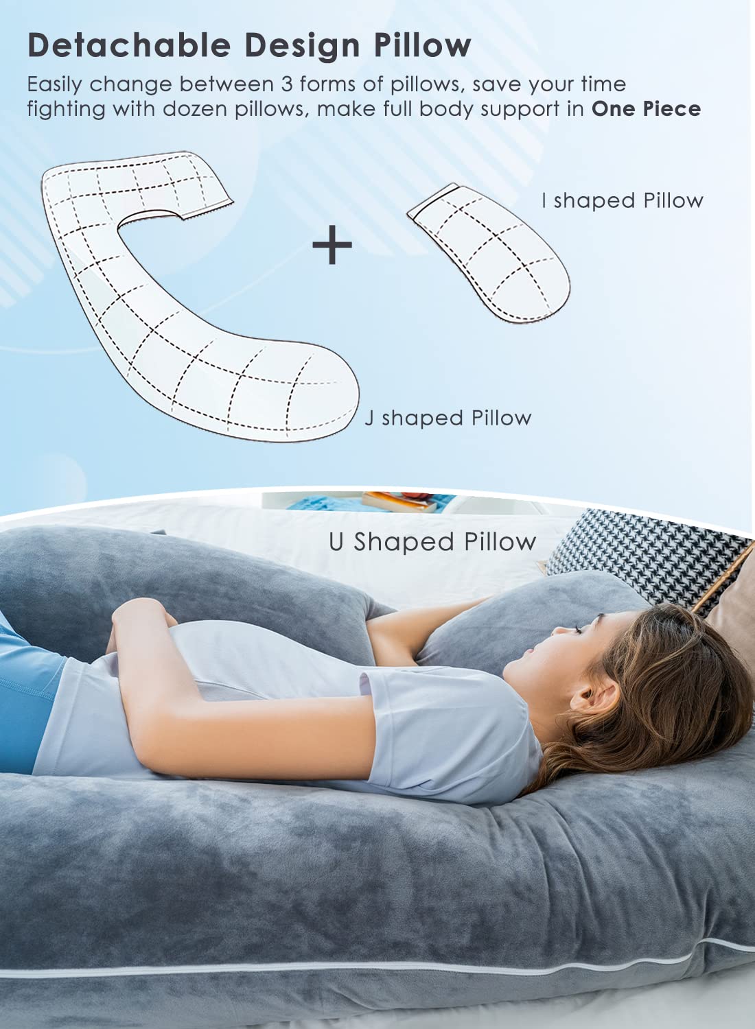 QUEEN ROSE Pregnancy Pillow, U Shaped Body Pillow for Sleeping, Maternity Pillows with Detachable Pillow for Side Sleepers Support, Grey Velvet Cover