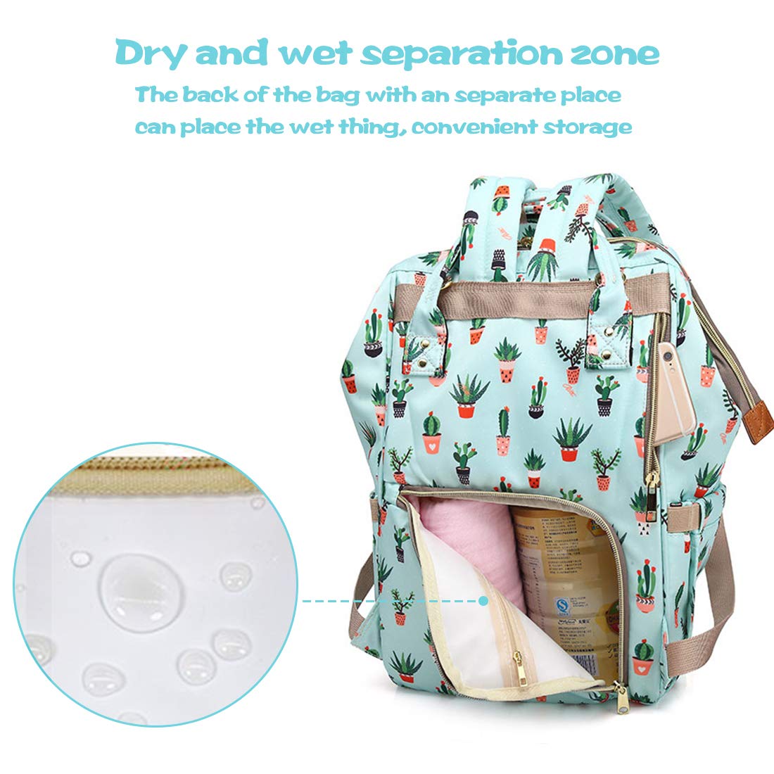 Cactus Green Diaper Bag Backpack Set for Baby Girls Mom, Large Bags with Nappy Pouch Stroller Straps