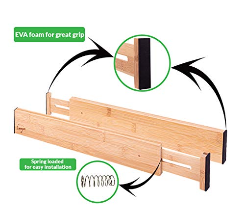 Bamboo Drawer Dividers Organizers 6-pack (12"-17") Adjustable Spring Loaded Drawer Divider Expandable Drawer Organizer Utensil Separators for Kitchen, Bedroom, Dresser, Office, Baby Drawers, Closet