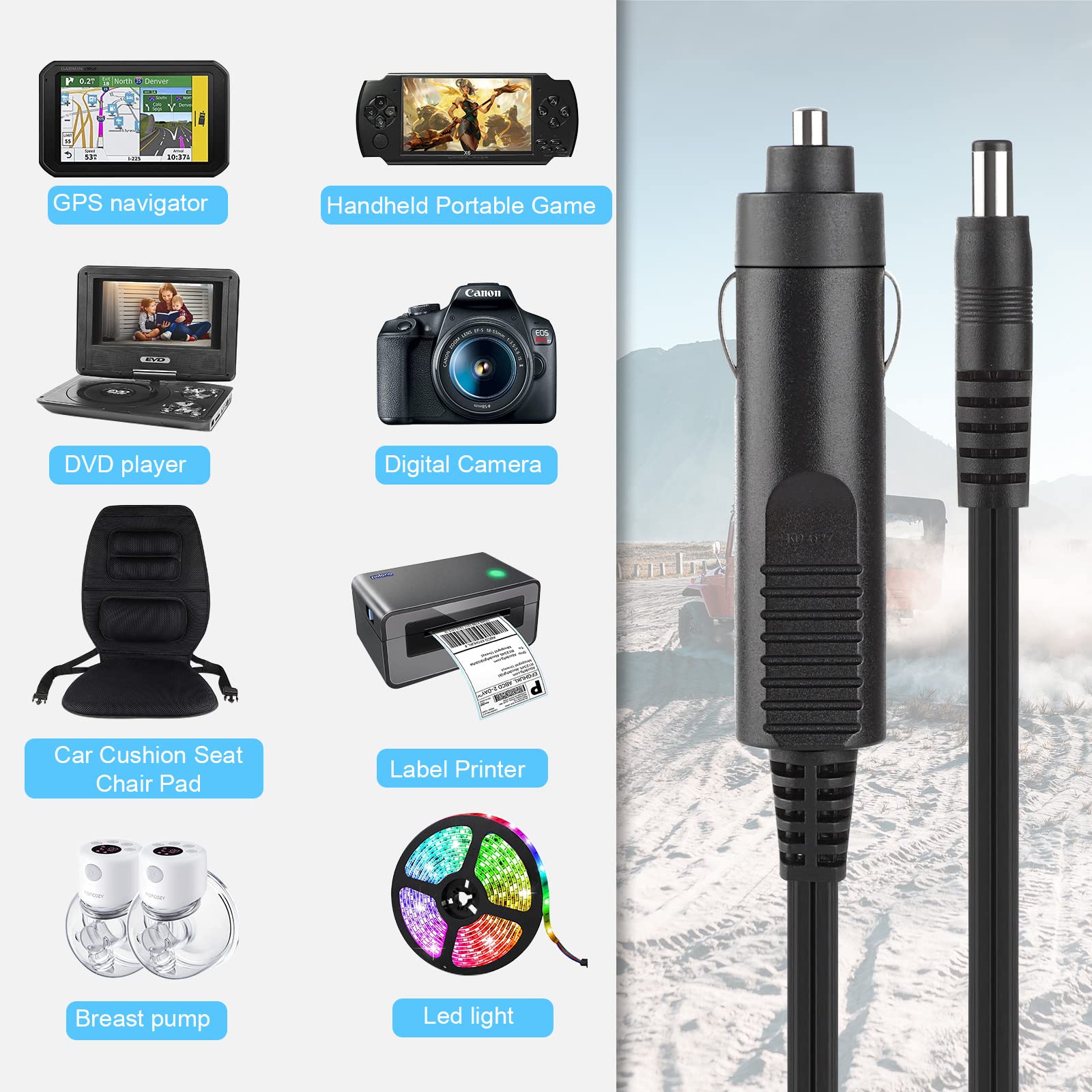 12V car Charger 5A - 18AWG dc in 12v Power Cord 5.5x2.1mm to Cigarette Lighter with 8 Connector for Massage Back Cushion,DVD Player, GPS, Bluetooth Speakers 5FTCable Black