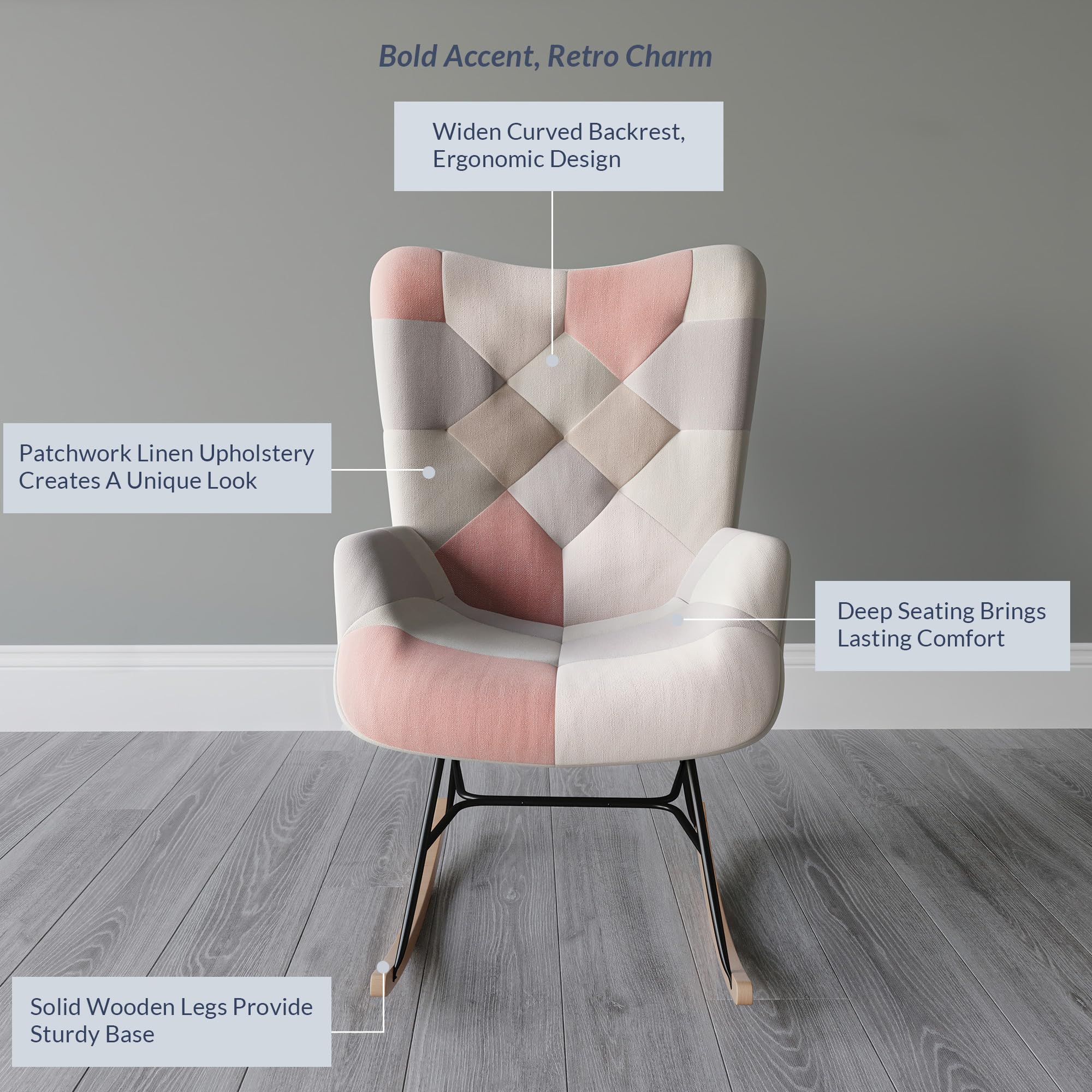 BELLEZE Colorful Patchwork Rocking Chair, Widen Nursery Rocking Chairs Comfy Linen Upholstered Glider Rocker with Solid Wood Legs for Living Room Bedroom Nursery - Paramount (Patchwork B)