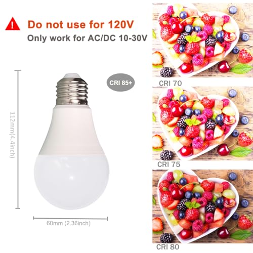 12V LED Light Bulb 7W 630Lm AC/DC10-30Volt Low Voltage E26 Base (2700K Warm White) 40-60 Watt A19 Bulbs Equivalent,Landscape Garden Yard, 12volt Battery Power System Off Grid Solar Lighting,6 Pack