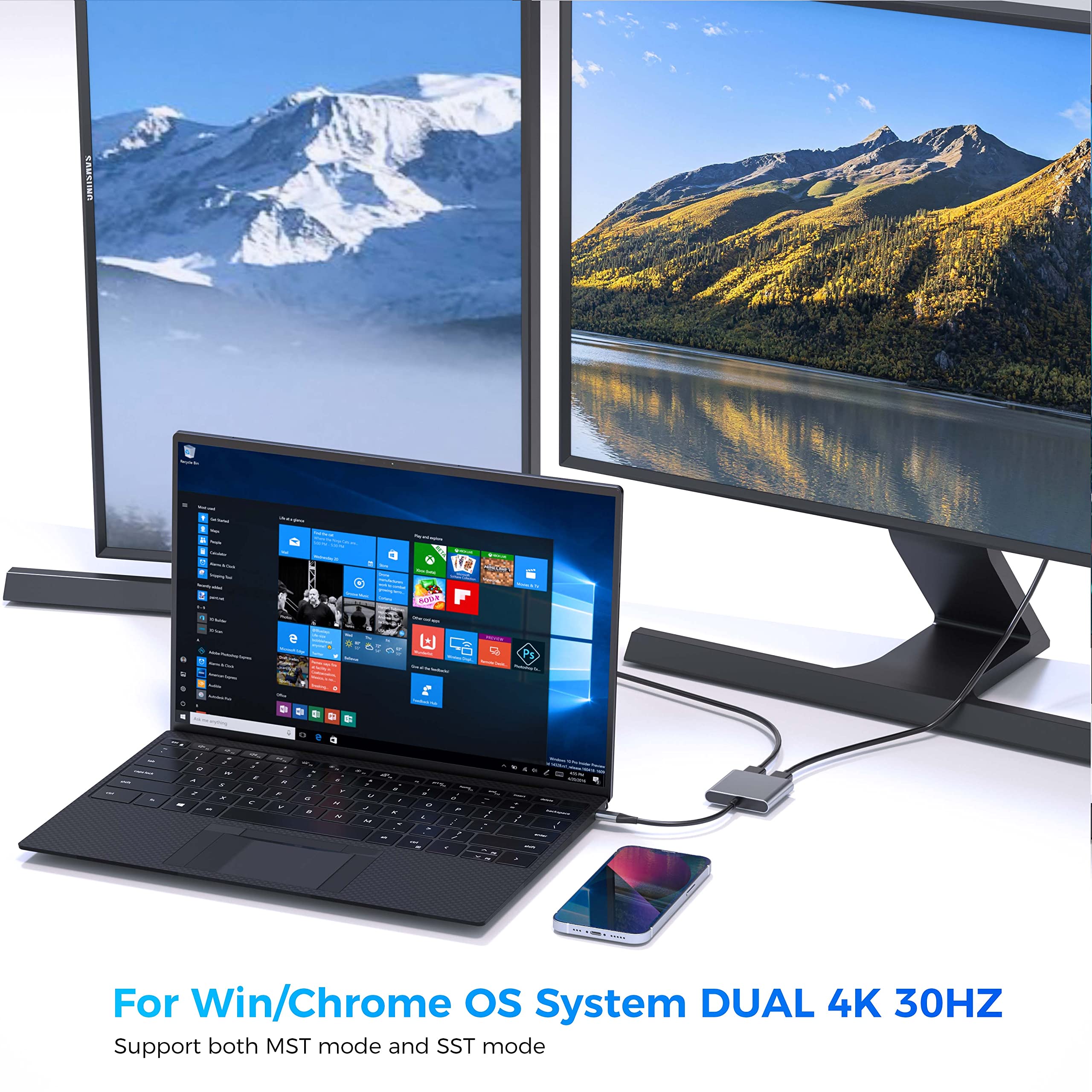 USB C to Dual HDMI Adapter, Dual Monitors Adapter USB C Hub with 2 HDMI Docking Station 4K