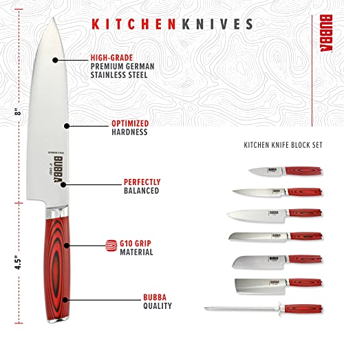 BUBBA Kitchen Knife Set for all your kitchen cutting needs with G10 Handles, Premium German Stainless Steel and a Parawood Knife Block.