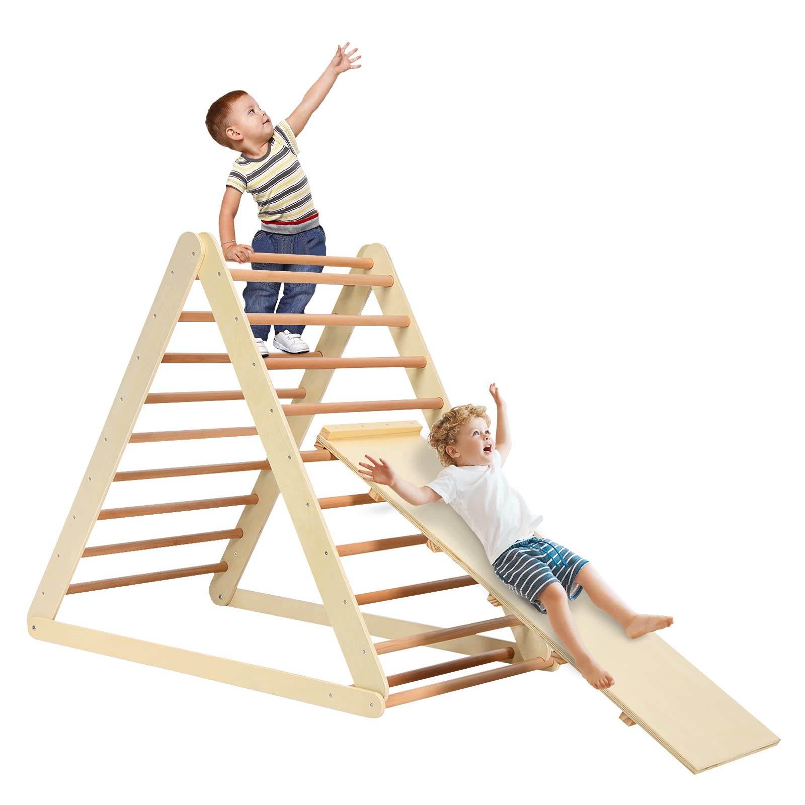 HONEY JOY Triangle Climber with Ramp, 2-in-1 Indoor Toddler Climbing Triangle Set with Ladder & Slide, Foldable Wooden Kids Climbing Toys for Playground, Gym & Daycare, Gift for Boys Girls (Natural)