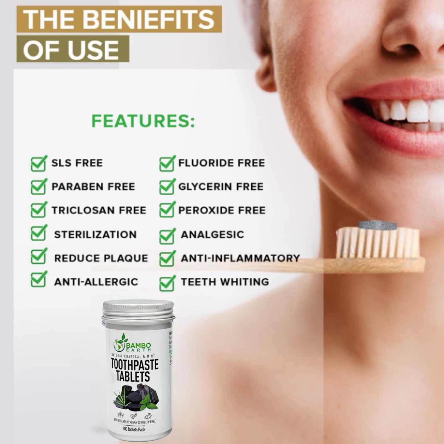 200 Pack Natural Toothpaste Tablet Bits - Chewable Mouthwash Whitening Burts Bees Bite Tablets For Teeth SLS & Fluoride Free Eco & Travel Friendly With Zero Waste Packaging - Mint & Activated Charcoal