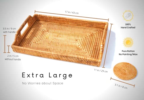 Large Rattan Tray with Rattan Coasters - Premium Flat Rectangular Serving Tray with Handles, Wicker Basket Tray 17''x11.4''x2'' Hand Woven Decorative Bed Tray for Coffee Table, Boho Tray by LYSCO
