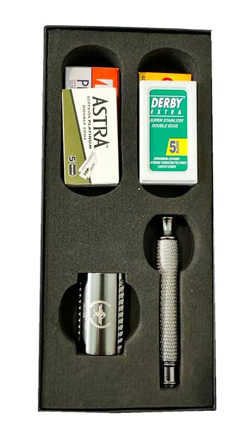 Caesar Gun Metal Safety Razor by Roman Empire Shaving with Set of 20 Shaving Blades (Astra-Derby-Shark-Treet)