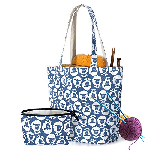 YARWO Knitting Bag with Small Zipper Pouch, Yarn Tote for Knitting Needles, Skeins of Yarn and Knitting Supplies On The Go, Sheep (Patented Design)
