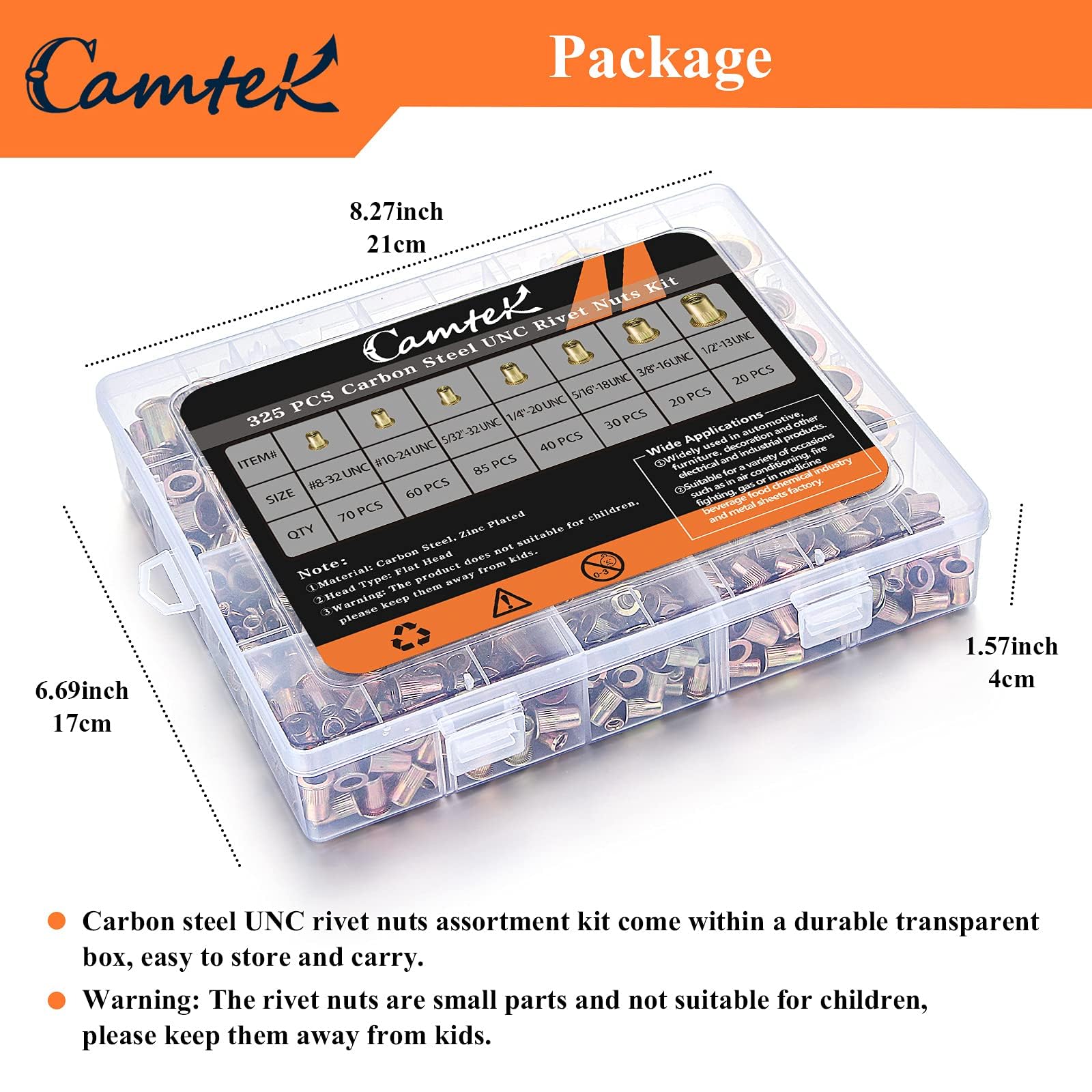 Camtek 325PCS Rivet Nut Kit, #8-32#10-24 5/32"-32UNC 1/4''-20UNC 5/16''-18UNC 3/8''-16UNC 1/2"-13UNC Zinc Plated Carbon Steel Flat Head Rivnut Threaded Insert Rivet Nuts Assortment Set