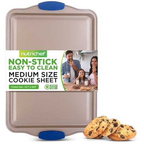 15â Non Stick Cookie Sheet, Large Gold Commercial Grade Restaurant Quality Carbon Steel Bakeware with Blue Silicone Handles, Compatible with Models NCSBSG63, NCSBSG60