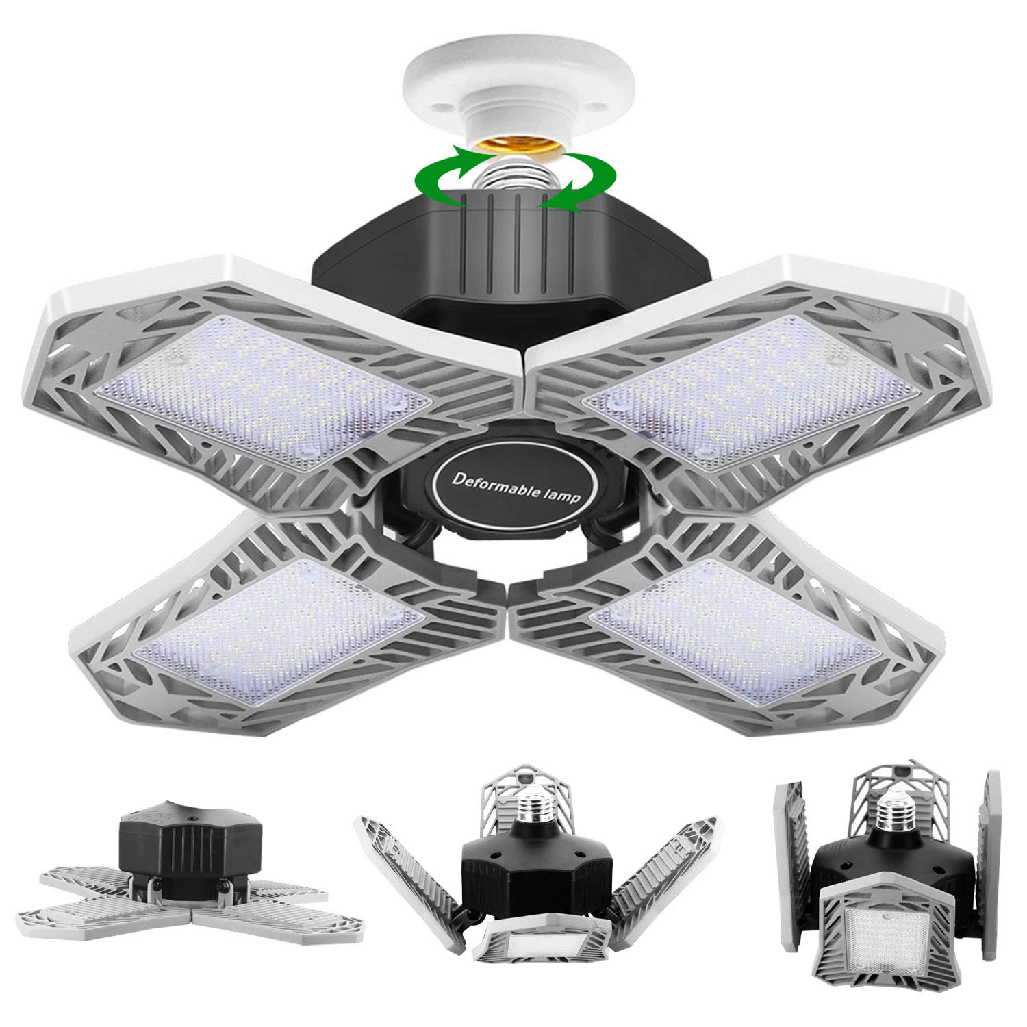 150W Garage Light, New Four Leaf Tribright Deformable LED Garage Light, 15000 Lumen Quadruple Glow LED Garage Lights, CRI 80, 6000K Retractable Garage Ceiling Light for Warehouse, Basement, Barn