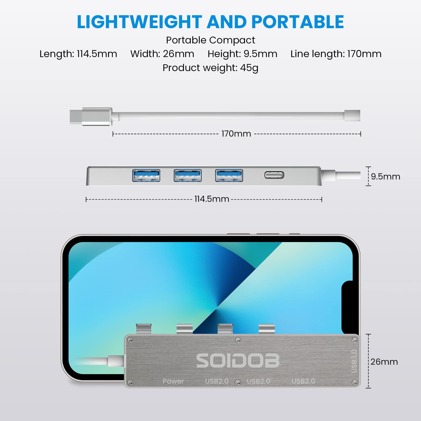 3.0 USB C Hub, Slim Aluminium Alloy High-Speed External USB Port with USB-C to USB Adapter, USB Extender Splitter Compatible with Computer, Mac, PCs, Smartphone, and Tablet