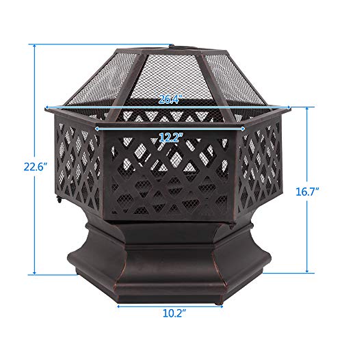 Lovinland 22" Hexagonal Shaped Iron Brazier Wood Burning Fire Pit Decoration for Backyard Poolside