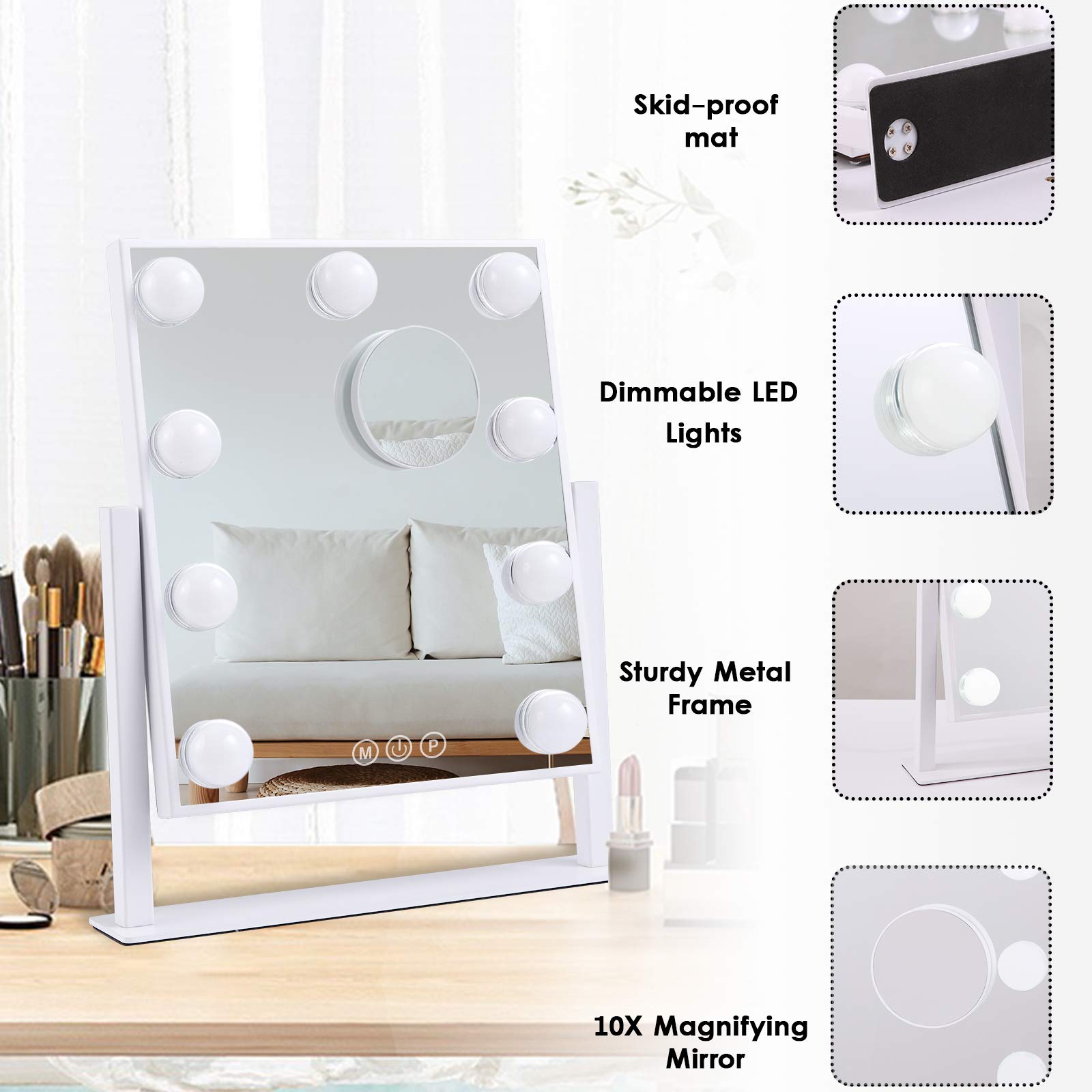 BWLLNI Lighted Makeup Mirror Hollywood Mirror Vanity Mirror with Lights, Touch Control Design 3 Colors Dimable LED Bulbs, Detachable 10X Magnification, 360°Rotation, (White) 12" L x 14" W