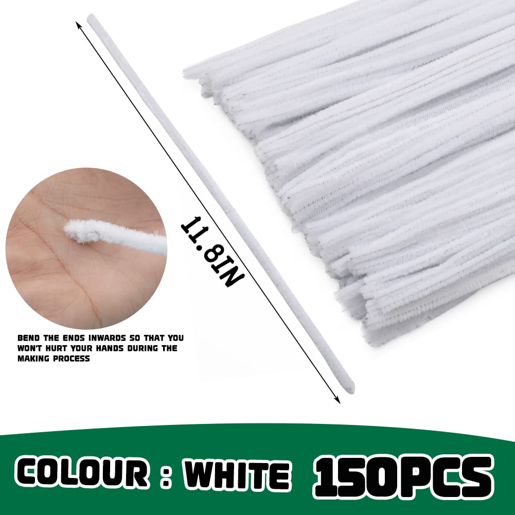 150 PCS Pipe Cleaner Chenille Stem + Scissors,White Pipe Cleaner for Crafts Easy Disposable Cleaning - 6mm x 12" for DIY Art Craft Decorations
