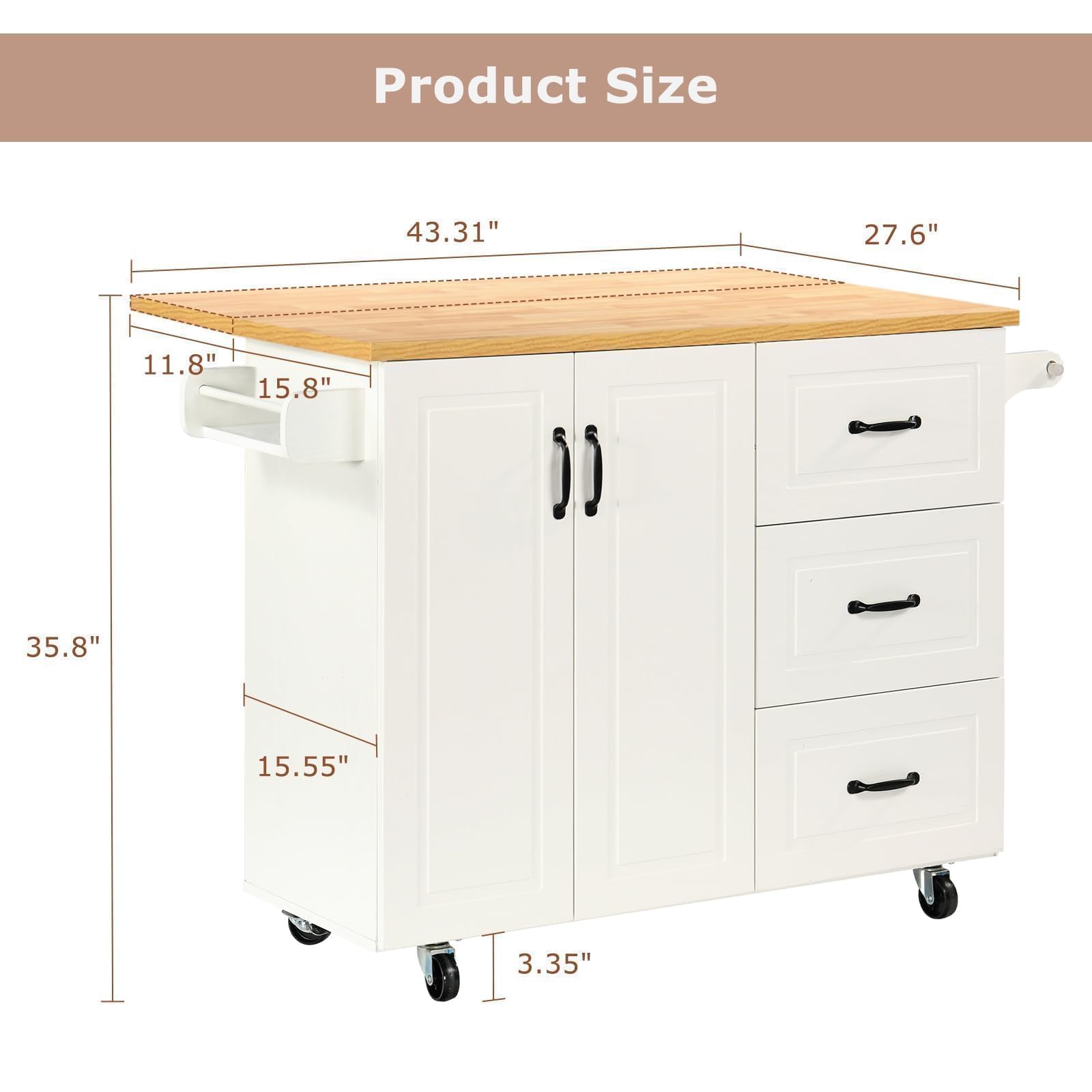 4 EVER WINNER Kitchen Island Cart with Drop Leaf & 3 Drawers, 43β Kitchen Island with Storage Cabinet on Wheels, Spice Rack, Towel Rack, Rolling Kitchen Island Table Breakfast Bar for Kitchen, White