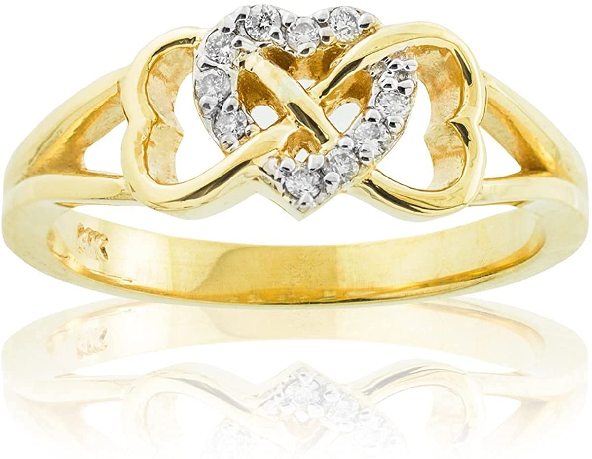 10K Yellow Gold 1/15 Cttw Diamond Accented Triple Heart Infinity Celtic Knot Band Engagement Ring (J-K Color, I1-I2 Clarity) - Size 7