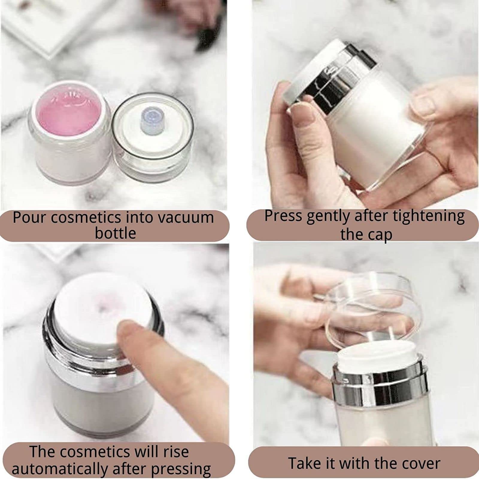 2 X 30ml Airless Pump Vacuum Bottles, Cosmetic Containers, Portable Travel Cream and Lotion Containers for Make-up, Essence, Moisturiser, Eye Cream (with Spoon)