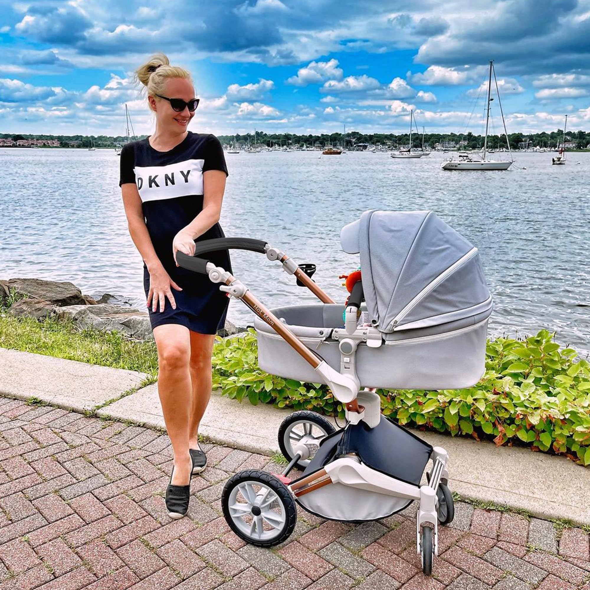 Hot Mom Baby Stroller 360 Rotation Function,Hot Mom Baby Carriage Pu Leather Pushchair Pram,F23 (Grey)