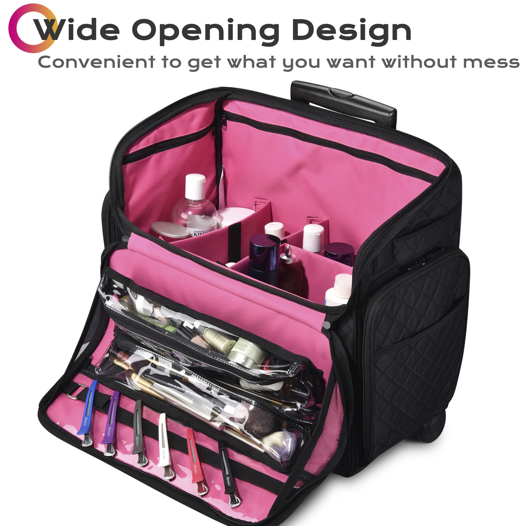 BYOOTIQUE Rolling Makeup Train Case Hairstylist Traveling Bag Carry On Barber Case Suitcase with Adjustable Dividers Cosmetic Bag with wheels for Hairdressing Tool Organizer Makeup Salon Nail