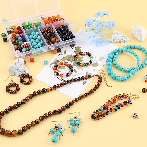 235 pcs Natural Round Stone Beads for Jewelry Making Kit Mixed Genuine Gemstone Beads Smooth Loose Beads Bulk Beading for DIY Bracelet Necklace Earrings, Turquoise, Agate, Tiger Eye, Aventurine(8 mm)