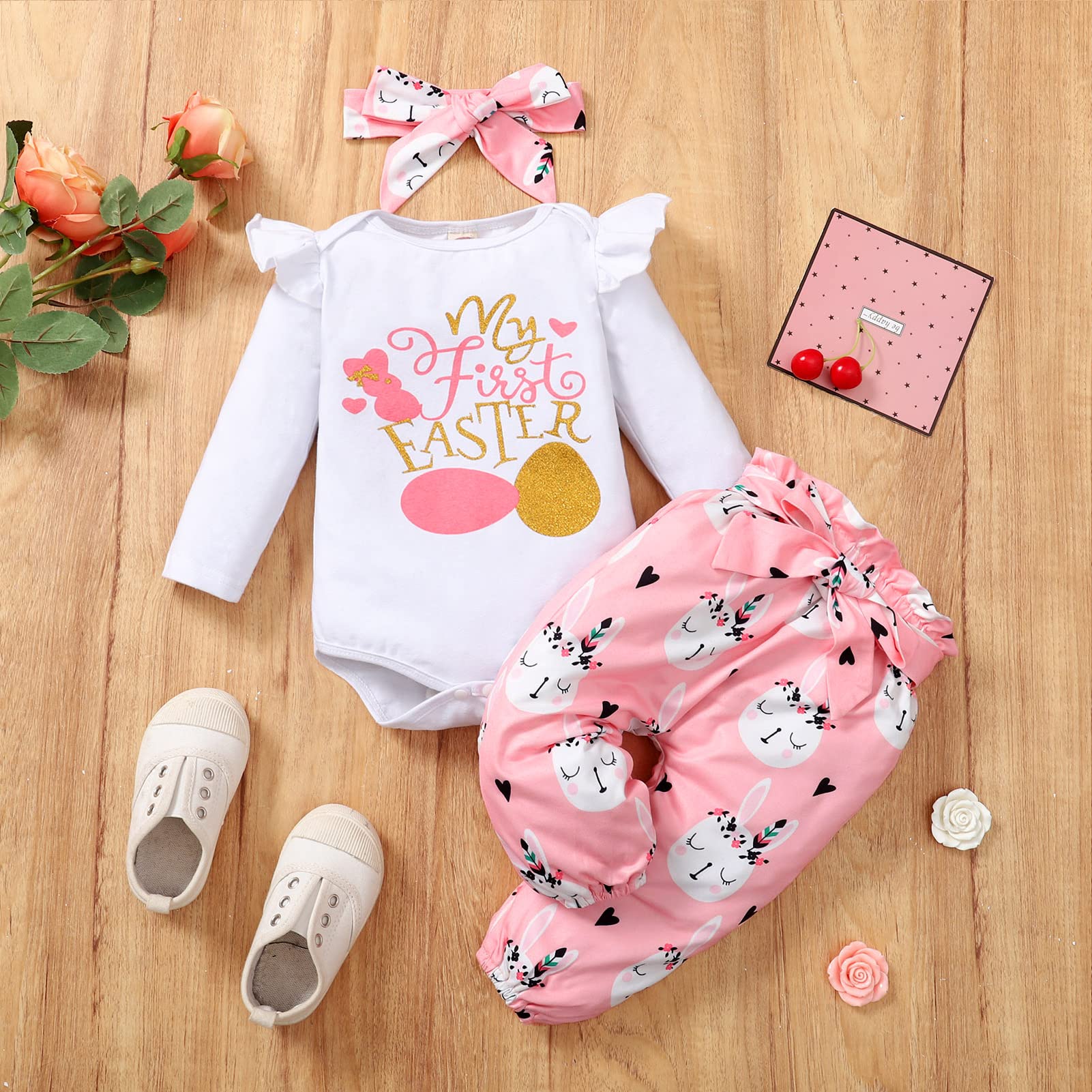 GRNSHTS Baby Girl My First Easter Outfits Infant Letter Print Long Sleeve Romper+Bunny Pants+Headband 3Pcs Clothes (White,6-9M)