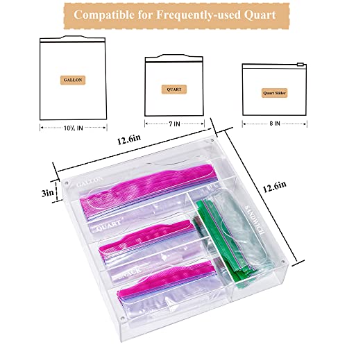AAY HOMYYAYA Ziplock Bag Organizer for Kitchen Drawer Acrylic Baggie Organizer with Removable Top Lid for Cabinet to Storage Snack, Sandwich, Quart Slider, Gallon Ziploc Plastic Food Bags