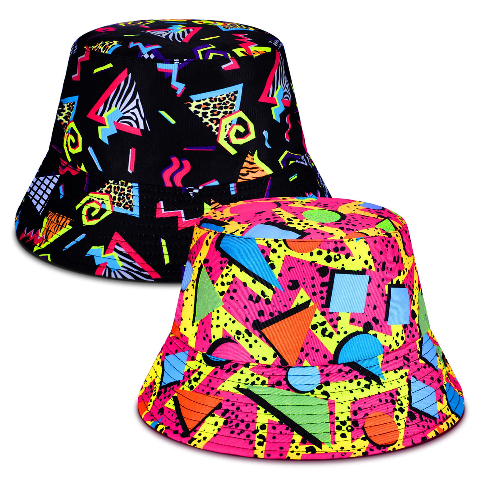 2 Pack Retro 80s 90s Bucket Hat for Women Men Vintage Print Fisherman Neon Nylon Hat Reversible Packable Travel Cap (Stylish Style)
