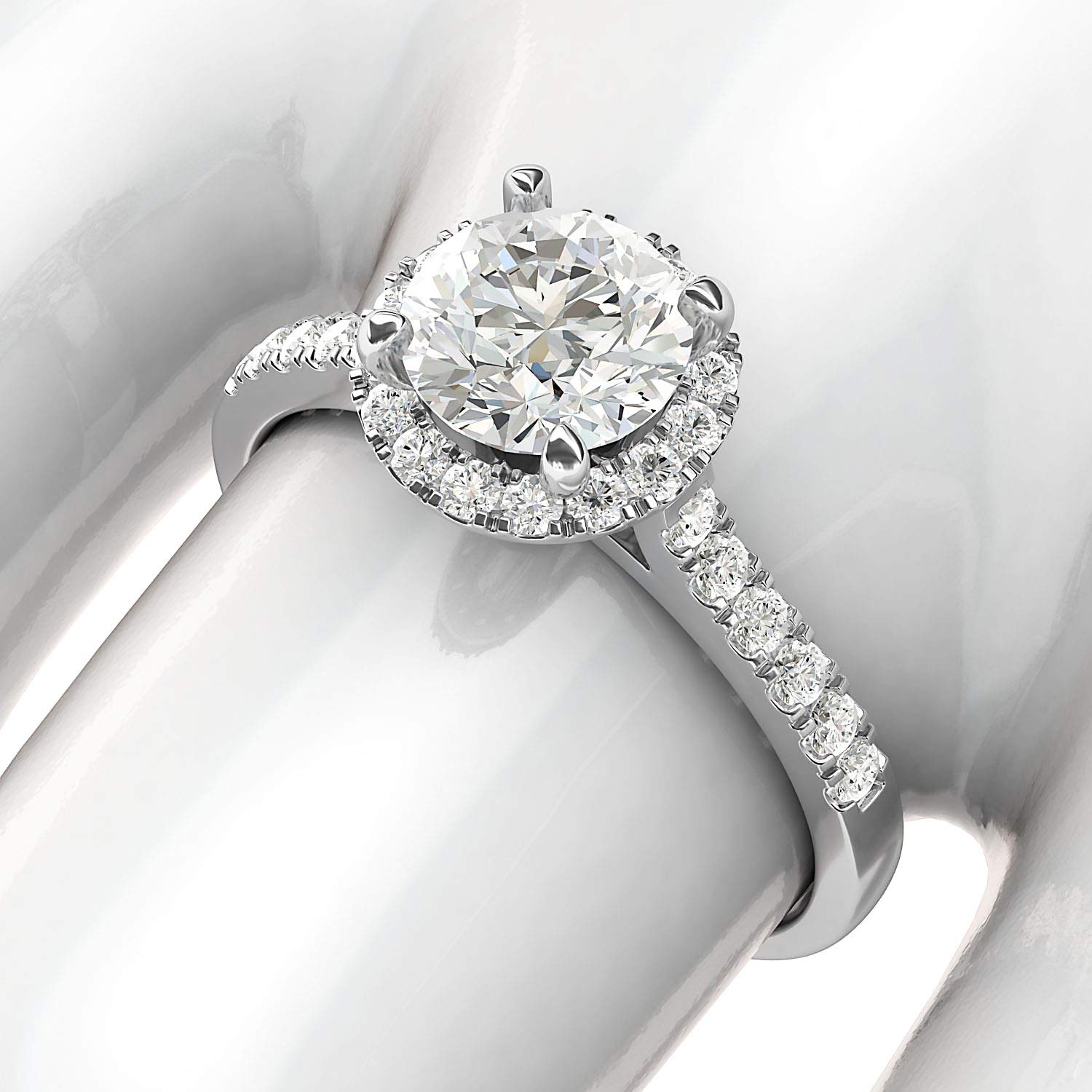 14k White Gold Classic Simulated Round Brilliant Cut Diamond Halo Engagement Ring with Side Stones (3.5)