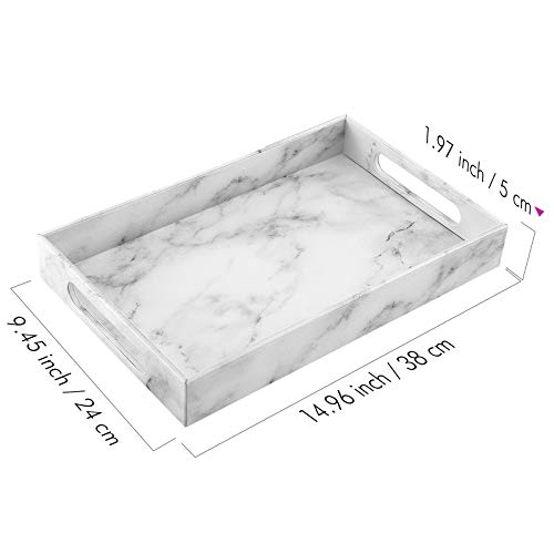 Lewondr Serving Tray with Wide Handles, PU Leather Ottoman Cofee Table Serving Tray, 14.96"x9.45"x1.97" Decorative Tray for Perfume Cosmetic Jewelry Key, Countertop Storage Organizer - Marble White