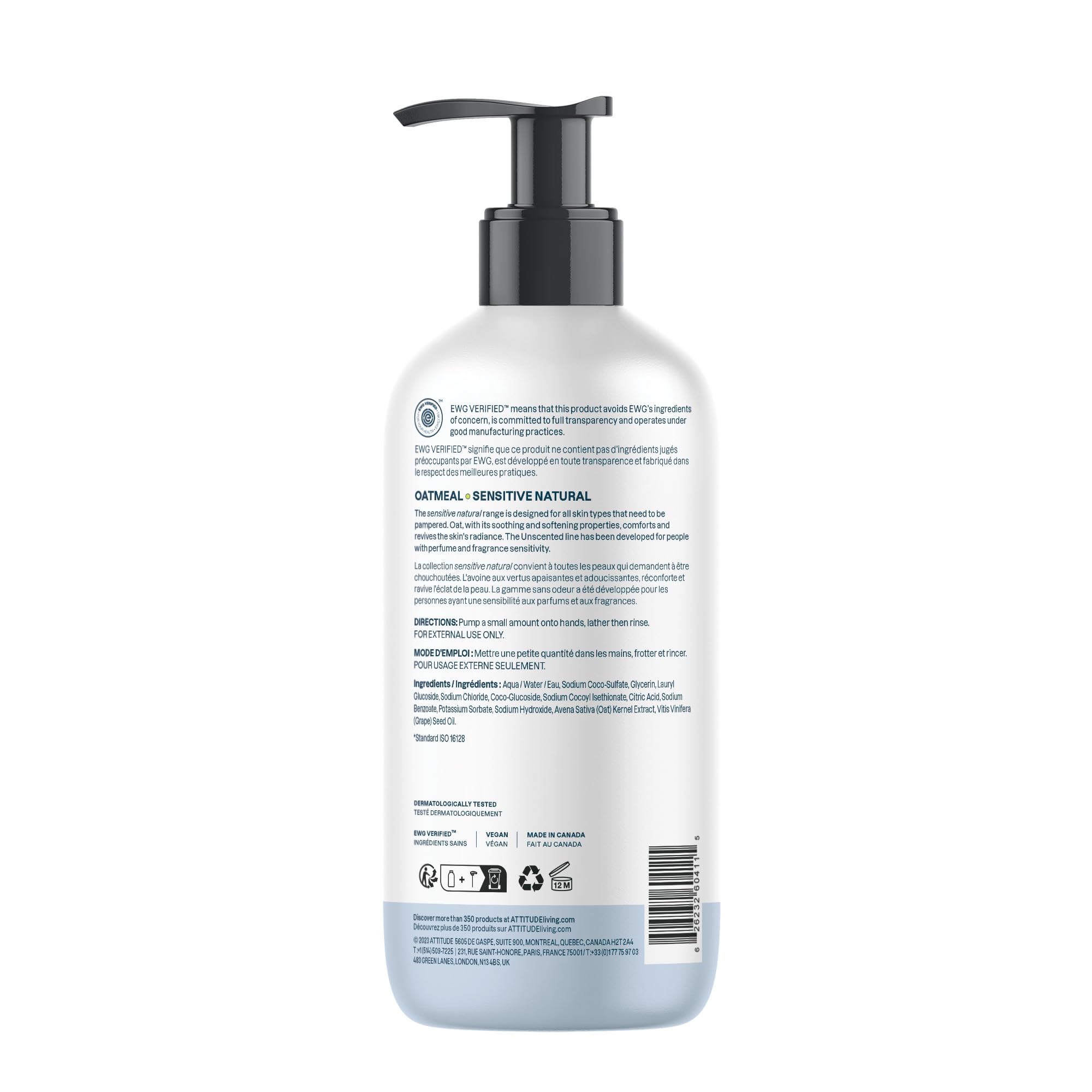 ATTITUDE Hand Soap for Sensitive Skin Enriched with Oat, EWG Verified, Dermatologically Tested, Vegan, Extra Gentle, Unscented, 16 Fl Oz