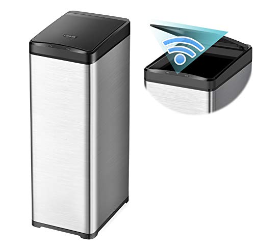 CozyBlock Automatic Trash Can for Kitchen, Stainless Steel Touchless Motion Sensor Bin, Wide Opening Soft Close Lid, LED Countdown Timer (13 Gallon- Slim Design)