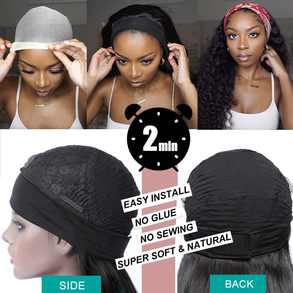 YISEA Headband Wig Human Hair Curly Wigs with Headband for Black Women 12 Inch Deep Wave Machine Made None Lace Front Wig 150% Density Brazilian Virgin Short Bob Wigs
