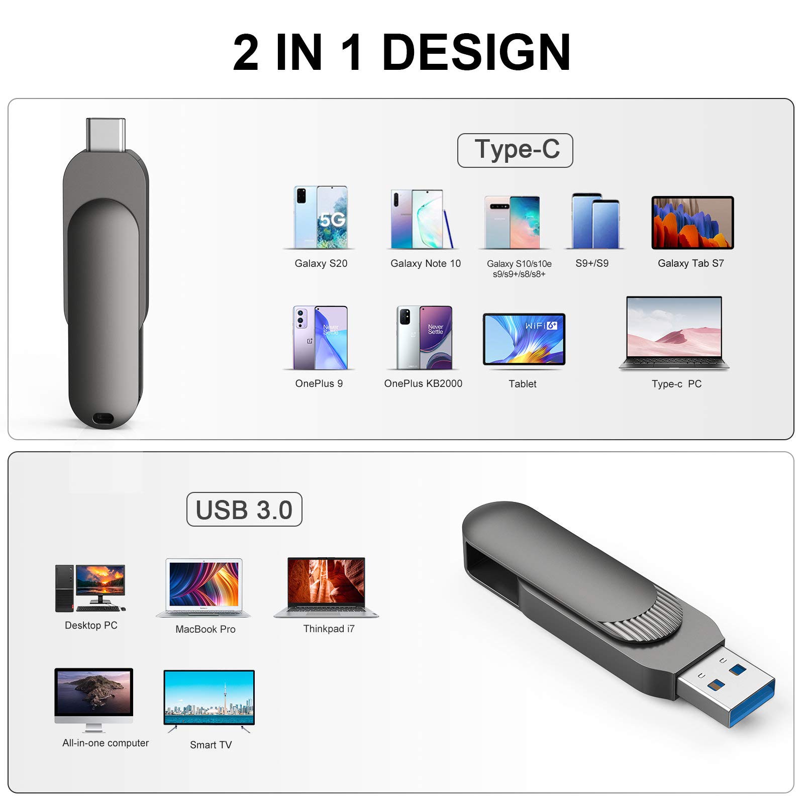 Vansuny 128GB USB C Flash Drive, Dual 2-in-1 OTG Type C 3.0 Metal Rugged Swivel Thumb Drive Memory Stick Jump Drive Photo Stick for Android Smartphone Tablet Mac PC Computers MacBook Laptop