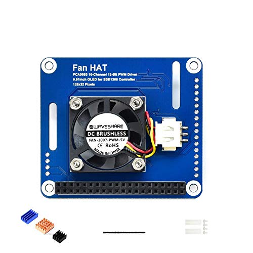 Coolwell Waveshare PWM Controlled Fan HAT for Raspberry Pi I2C Bus PCA9685 Driver with Real Time Temperature Monitor Auto Adjustment Up to 16-Ch PWM Output