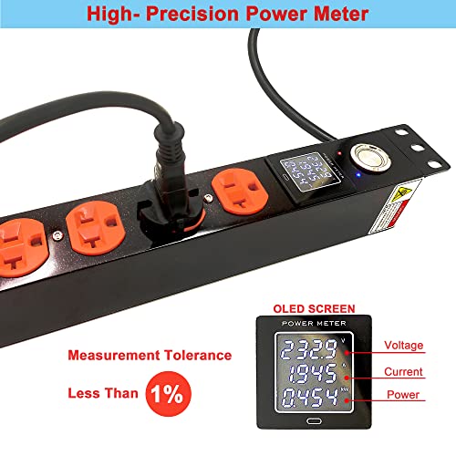 Rack Mount Power Strips 19'' 1U Switched PDU Surge Protection Metered PDU 8 Outlet with High-Precision Measuring Instruments 100-250V 20A with 6ft Heavy Duty Extension Cord (Orange)